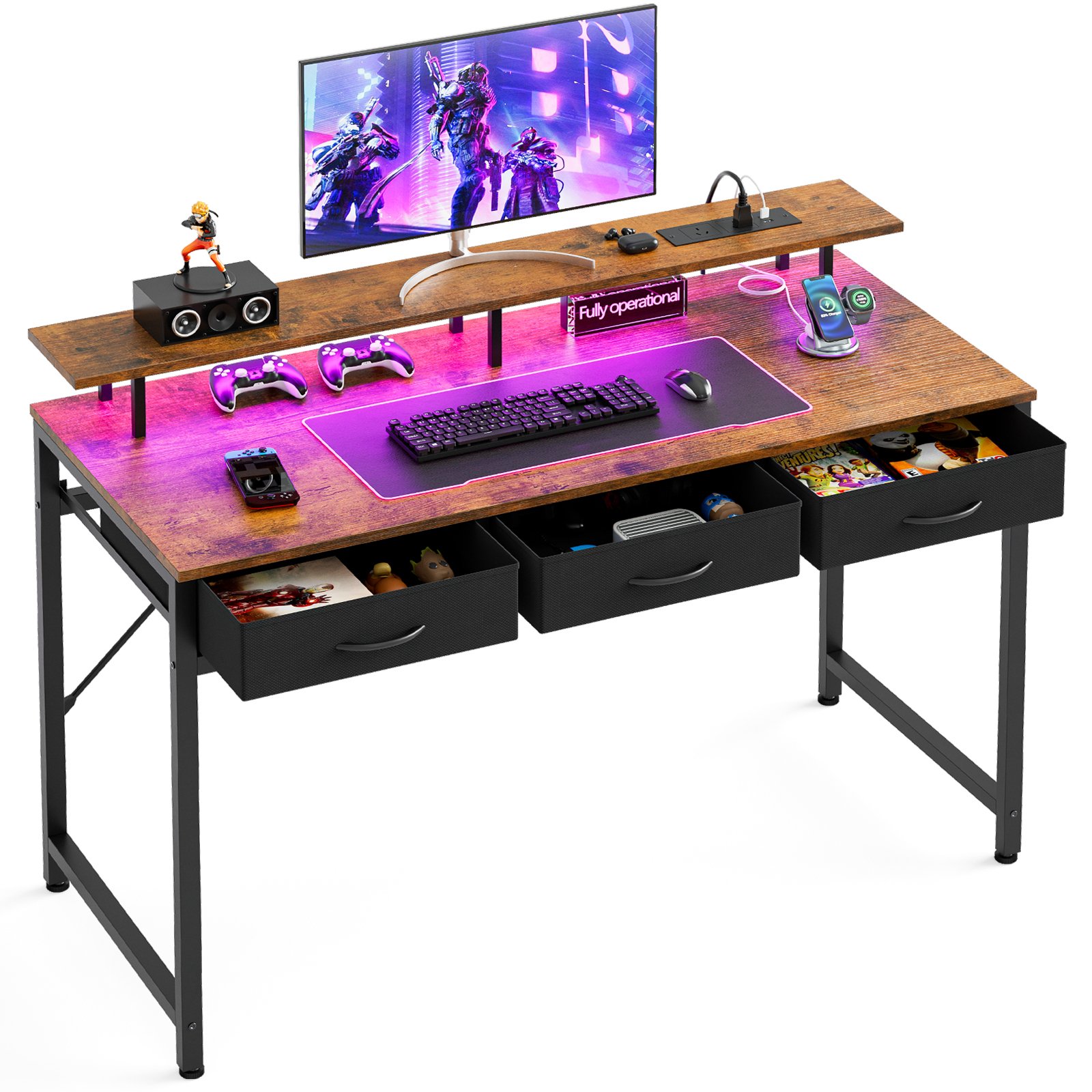 120CM Gaming Desk, Computer Desk with Charging Station and LED Light ...